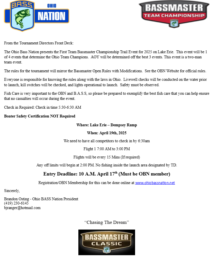 Tournament Director Notes for Team Trail Event #1 | Ohio Bass Nation