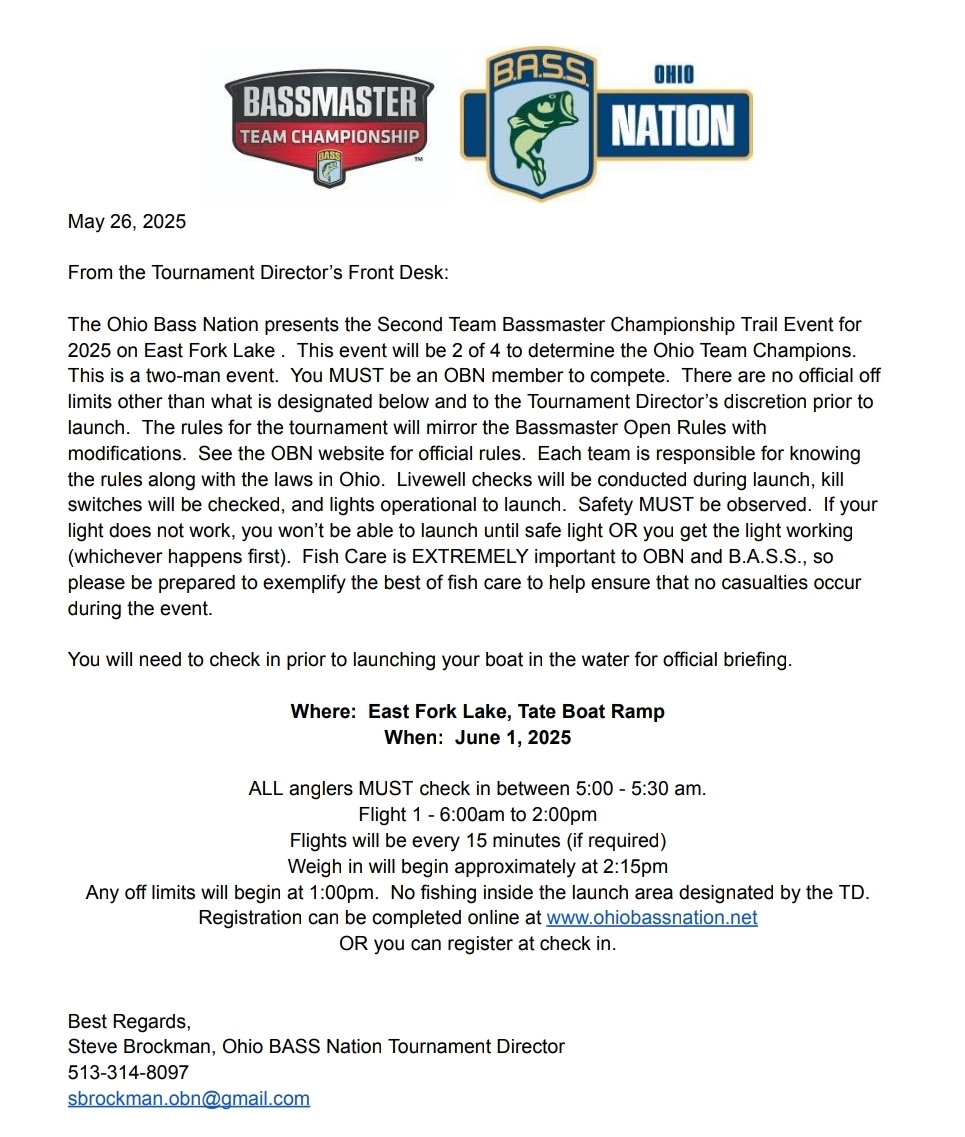 Tournament Director Notes for Team Trail Event #2 | Ohio Bass Nation